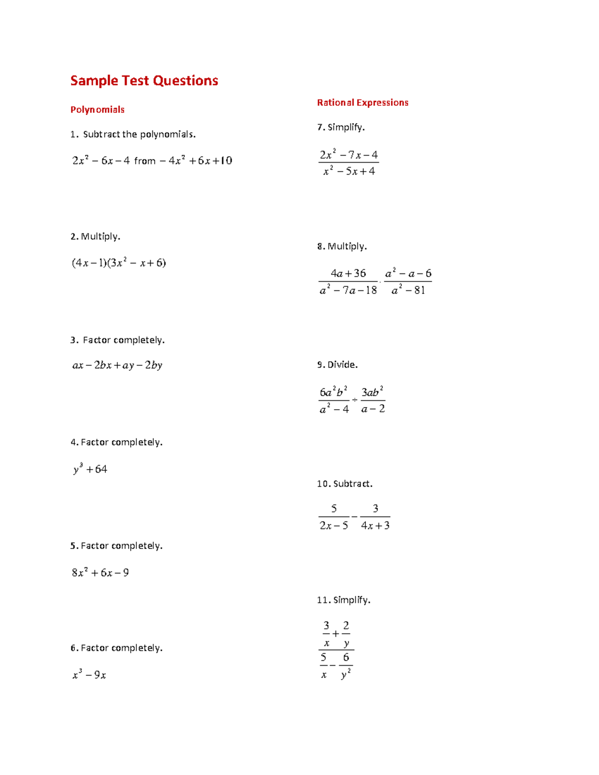 Sample Test Questions Part 2 - Sample Test Questions Polynomials ...