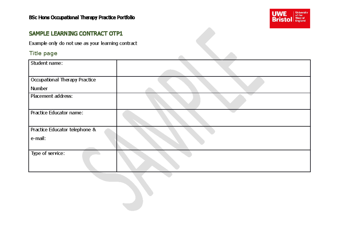 Learning contract template OTP1 - BSc Hons Occupational Therapy ...