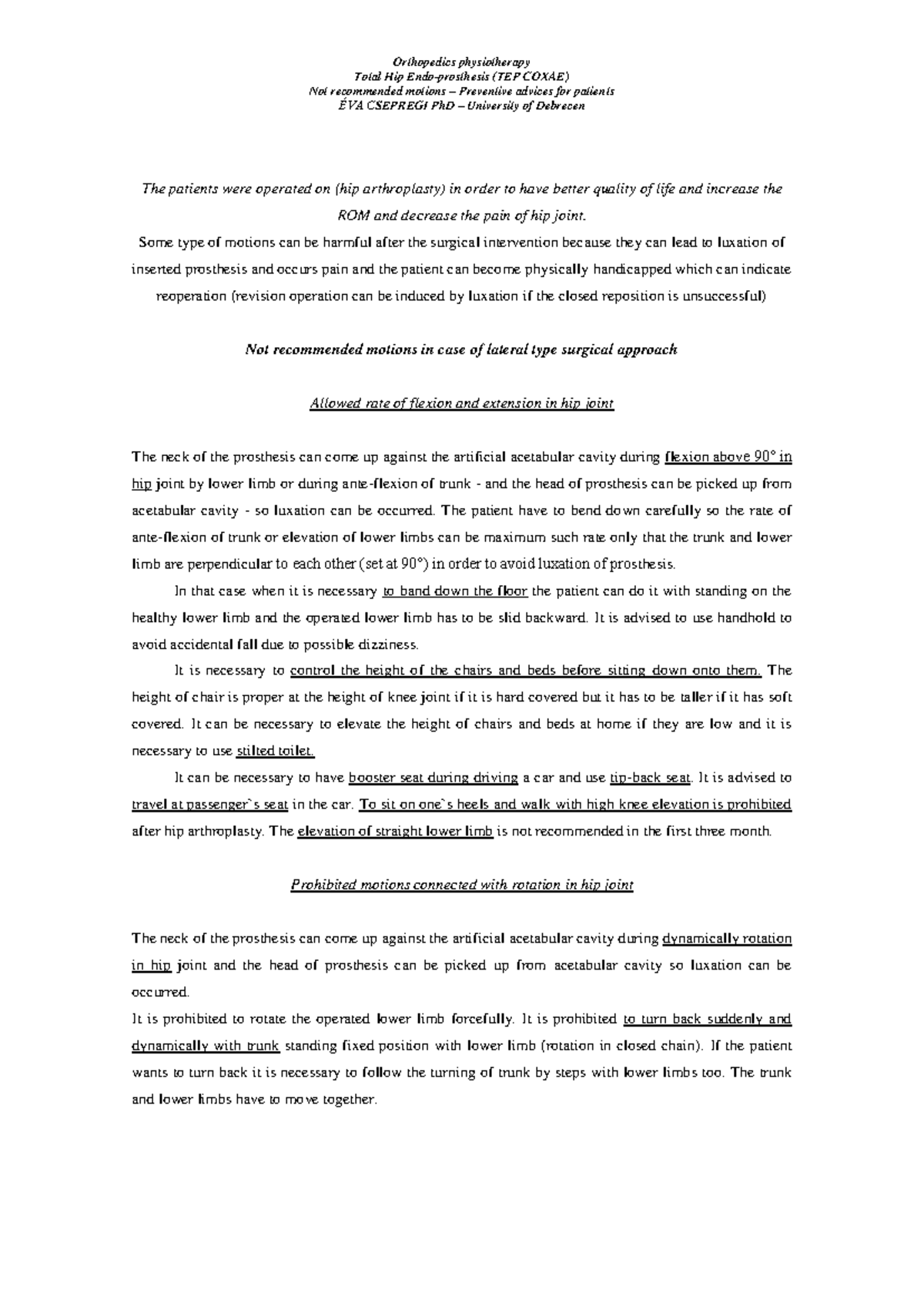 Angol felvilágosítás TEP Coxae esetében - Orthopedics physiotherapy ...