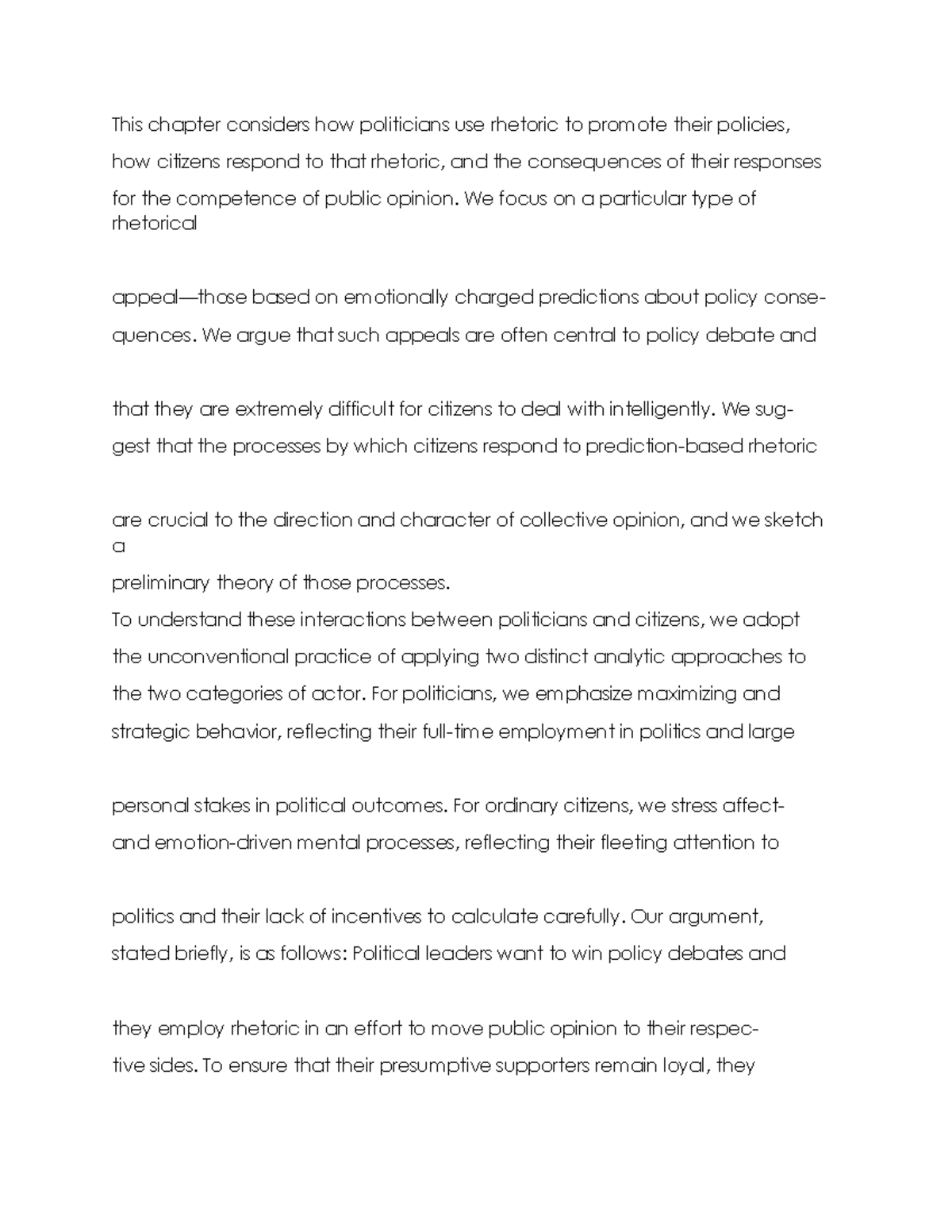 POLITICAL SCIENCE - This chapter considers how politicians use rhetoric ...