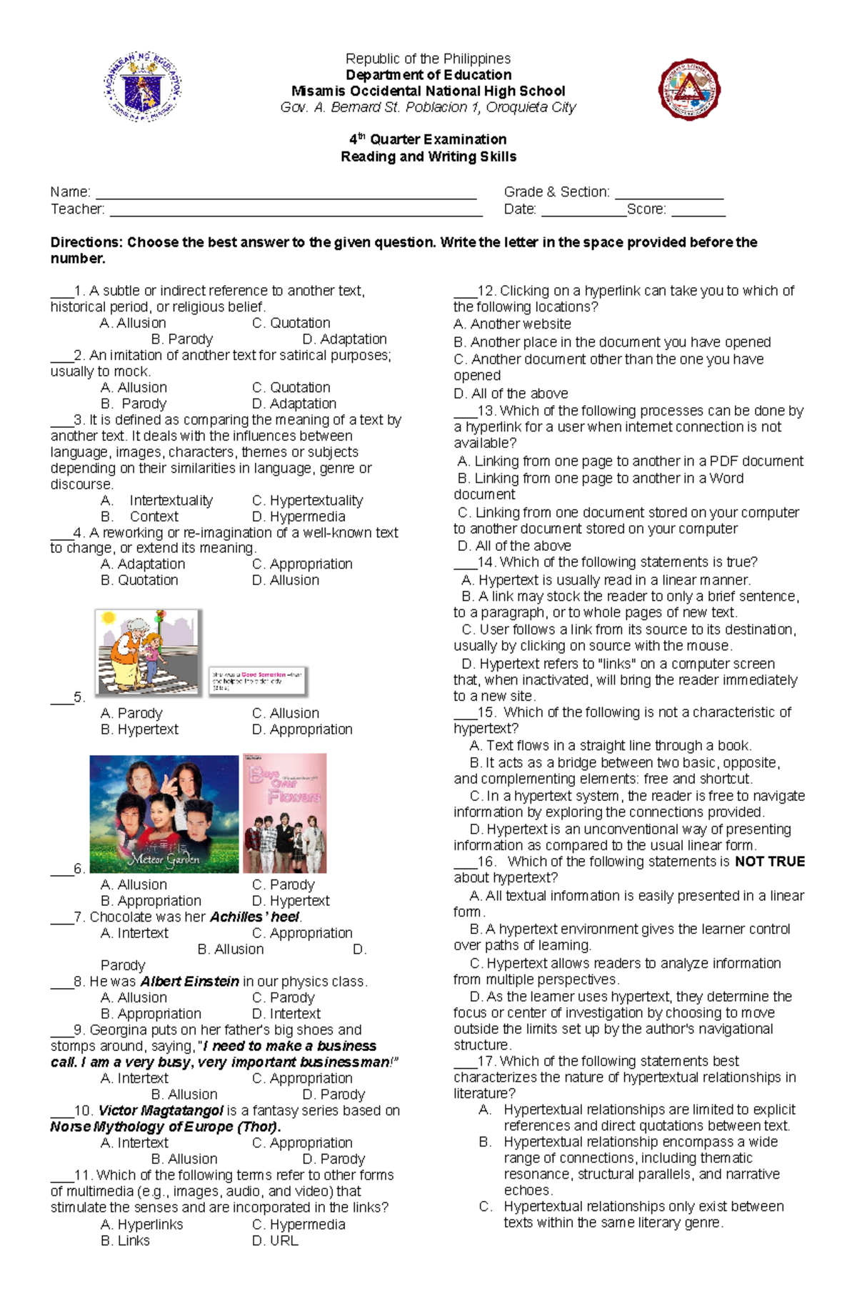 Final Examination - Republic of the Philippines Department of Education ...