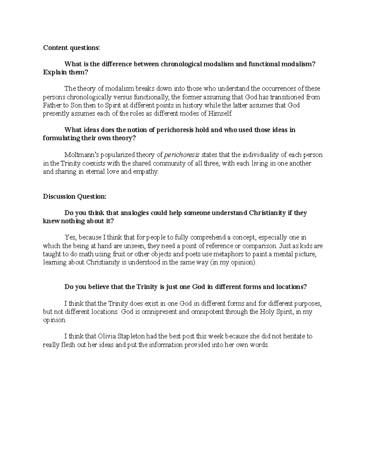 Trinity part b - Discussion board response - Content questions: What is ...