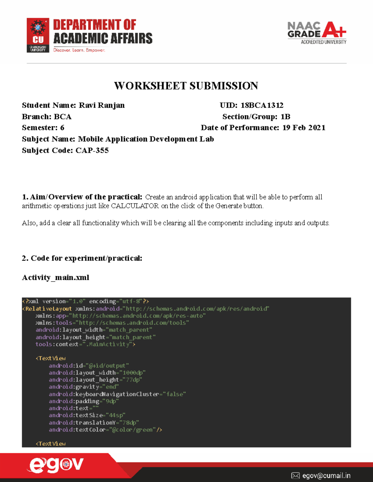 Ex-2 (Mobile Application) - WORKSHEET SUBMISSION Student Name: Ravi ...