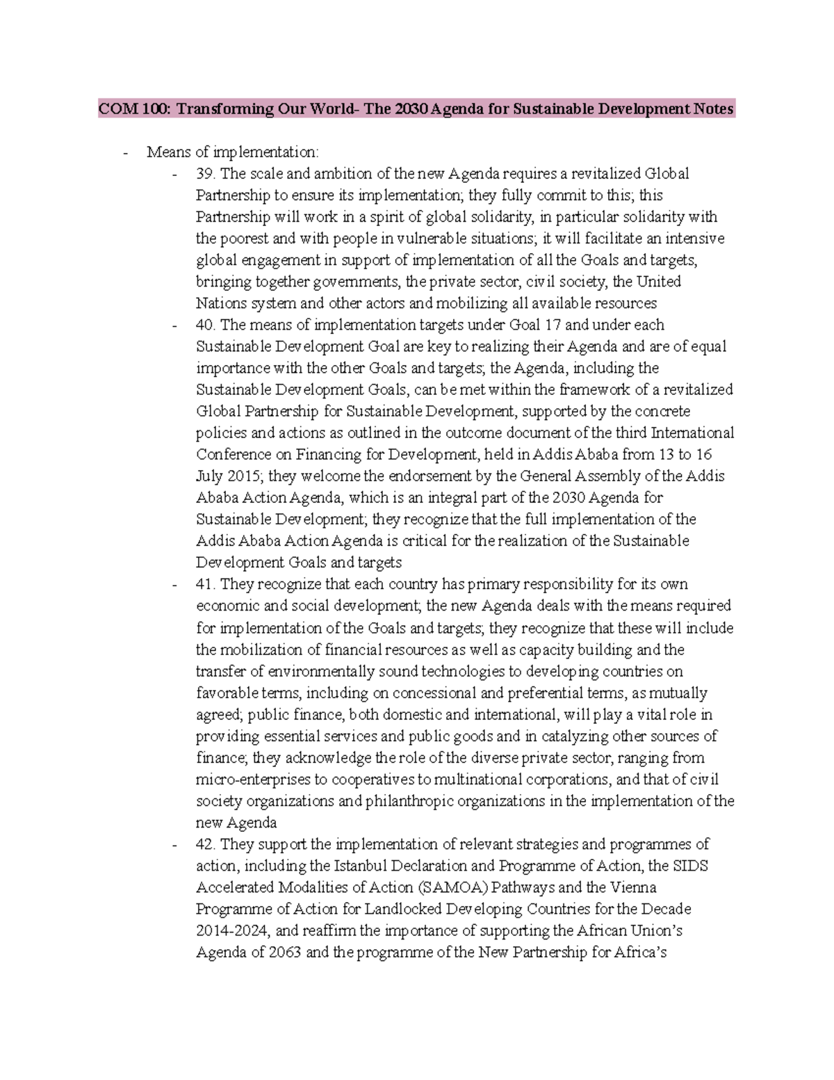 Transforming Our World- Declaration "Means of implementation" Notes ...