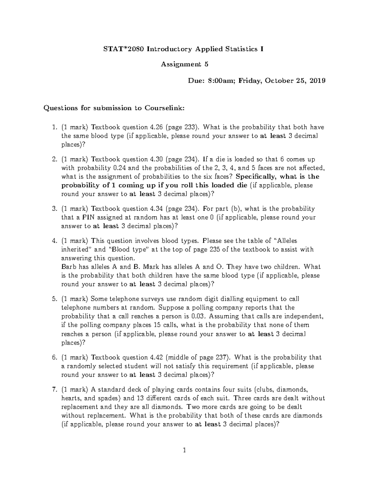 A5 - assignment 5 questions - STAT*2080 Introductory Applied Statistics I Assignment 5 Due: 8 ...