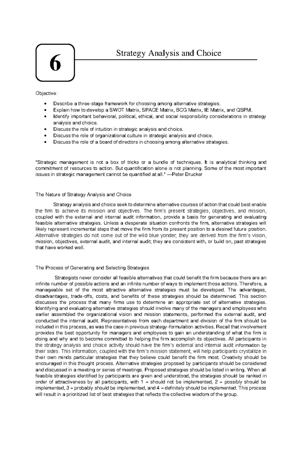 Chapter 6 Strategy Analysis and Choice - Objective: Describe a three-stage framework for ...