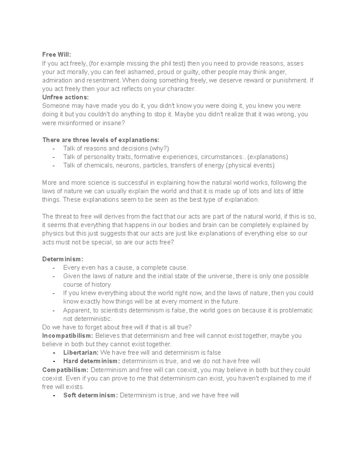 1. Theodore Sider - Free Will and determinism - Free Will: If you act ...