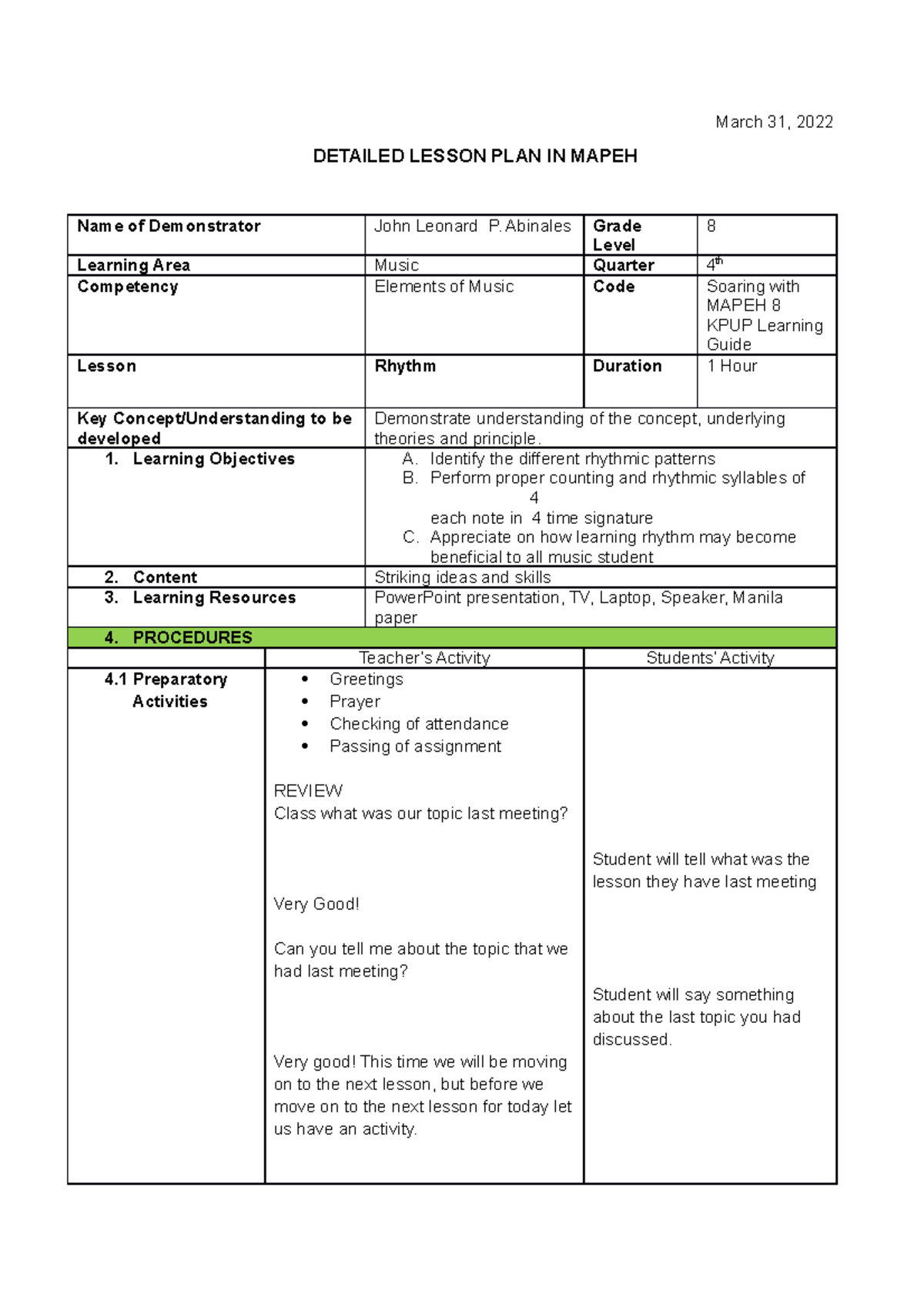 Gerald LP - lesson plan that would help you as a teacher - March 31 ...