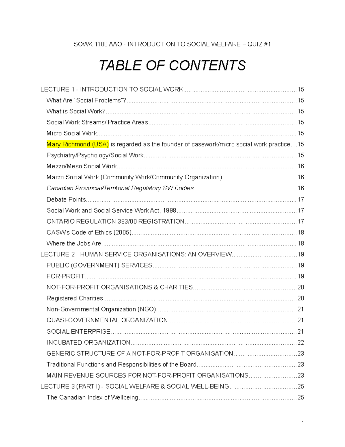 SOWK 1100 - Social Welfare – ALL Notes - TABLE OF CONTENTS - SOWK 1100 ...