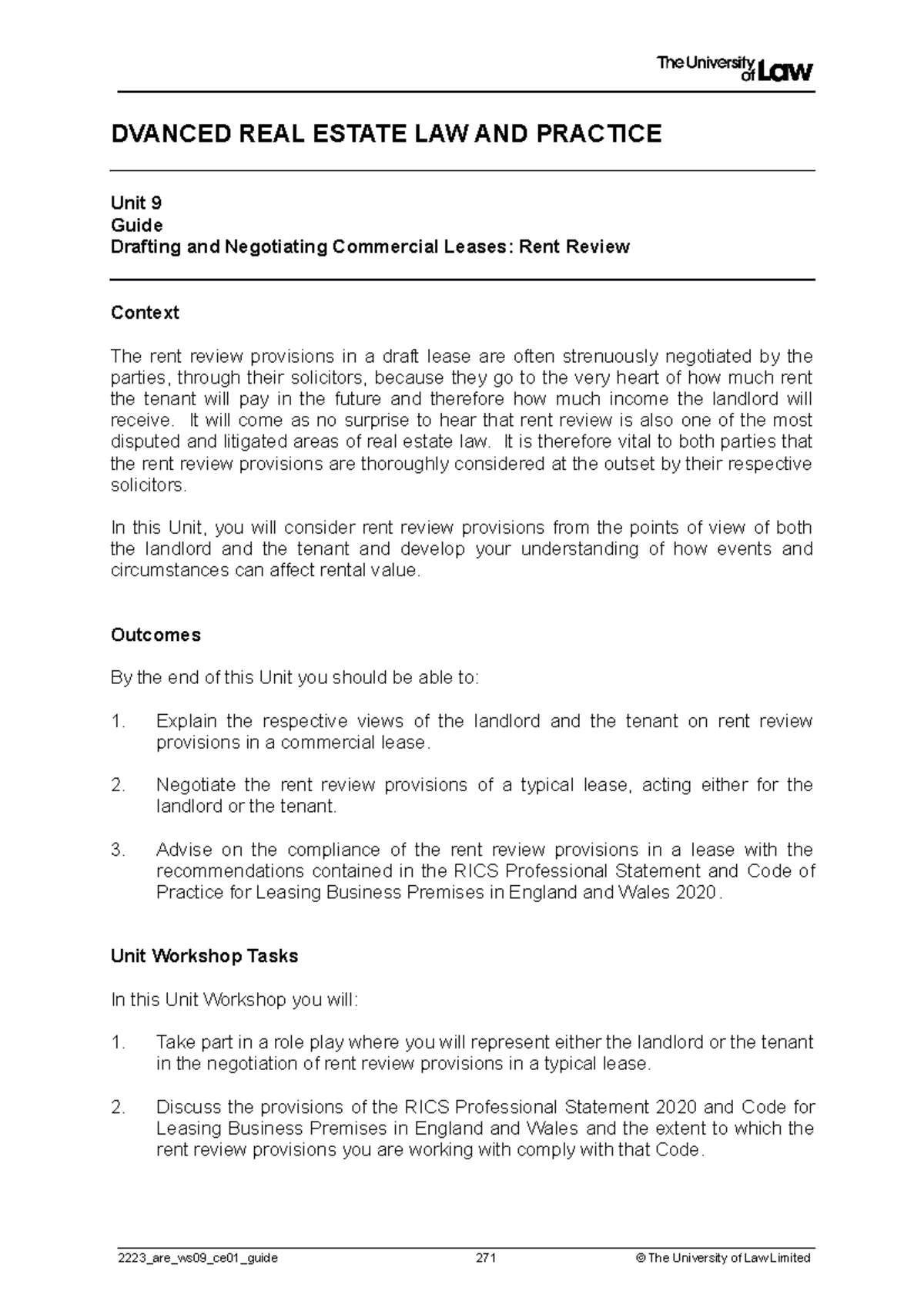 2223 are ws09 ce01 guide - DVANCED REAL ESTATE LAW AND PRACTICE Unit 9 ...