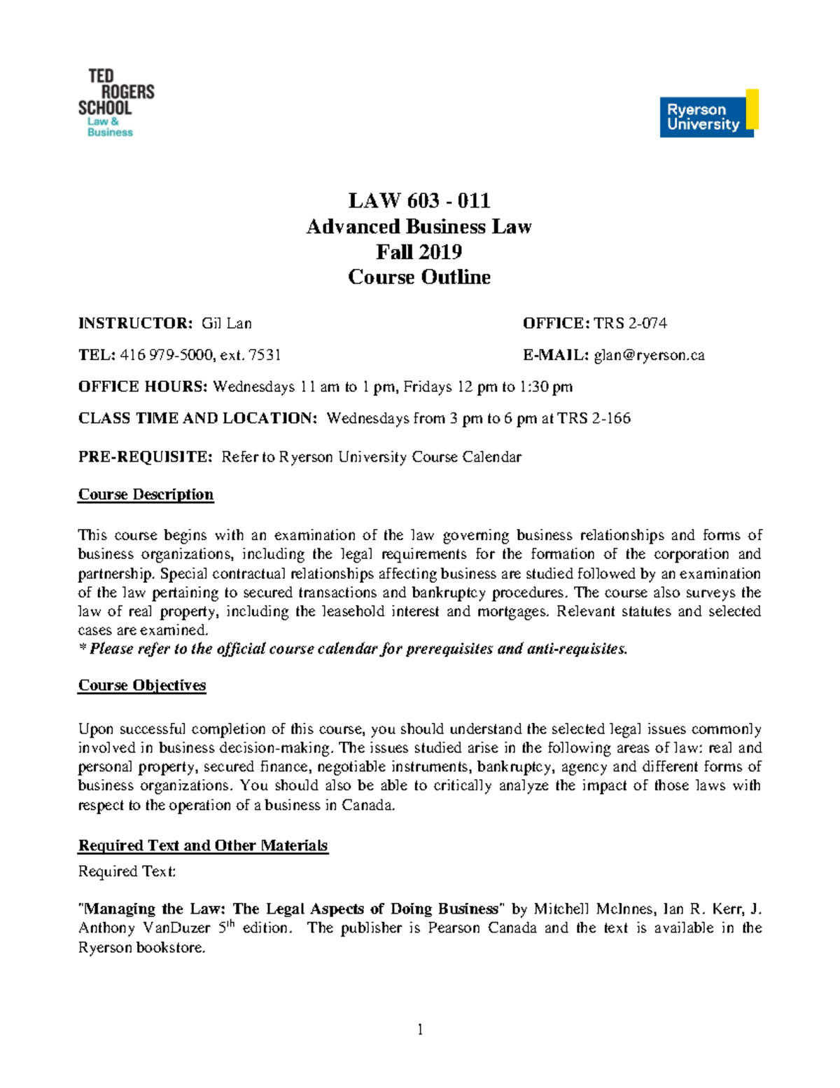 Law 603 - Course Outline - F2019 - LAW 603 - 011 Advanced Business Law ...