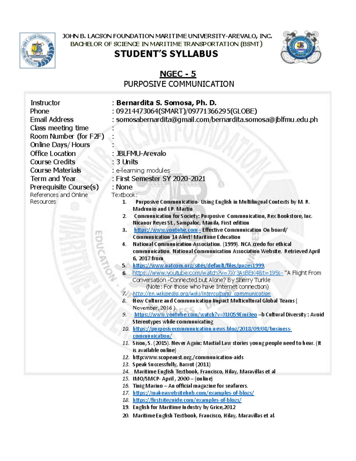 NGEC-5 Syllabus - anything to help me get my gwa up - JOHN B. LACSON ...