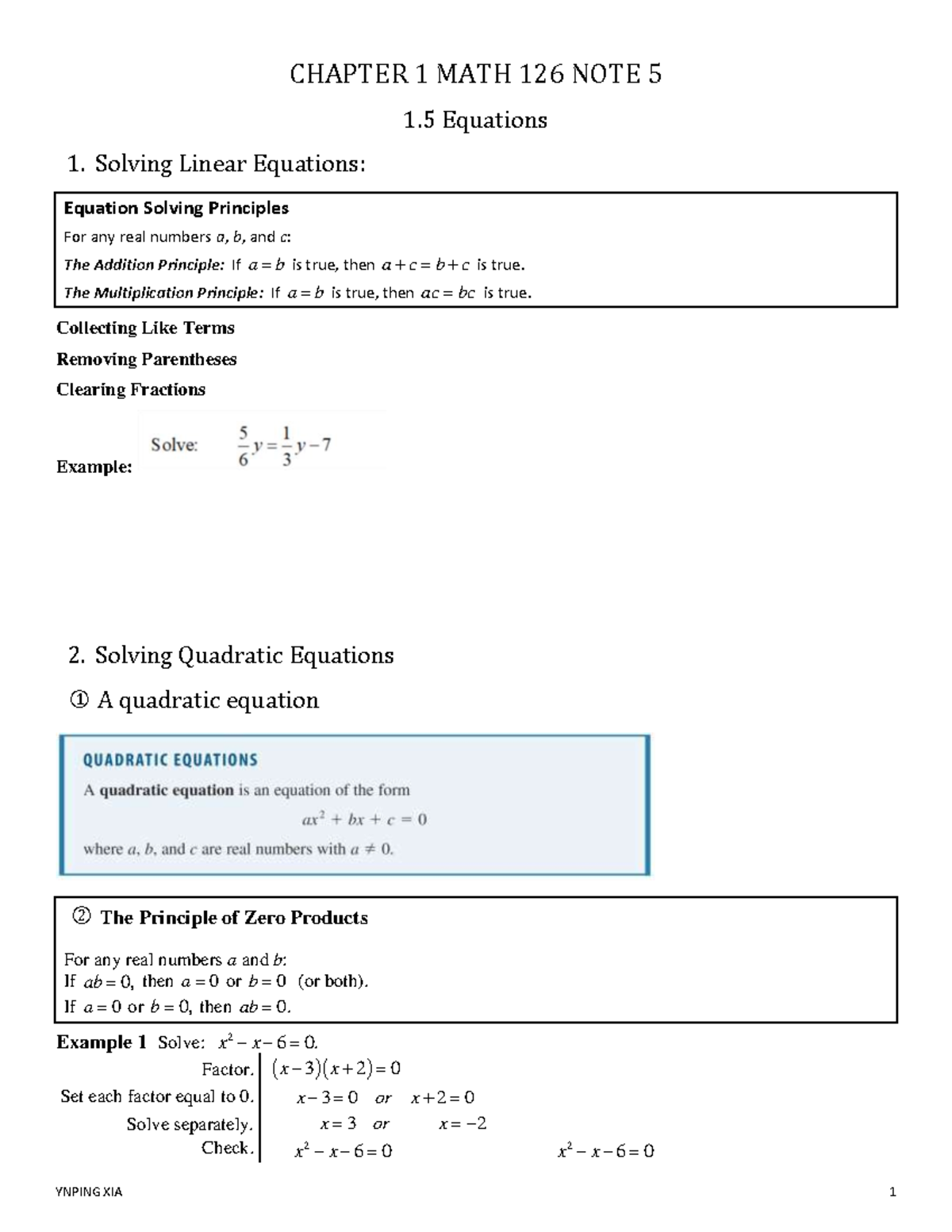 New Math 126CX Handouts 1.5 - CHAPTER 1 MATH 126 NOTE 5 1 Equations 1 ...