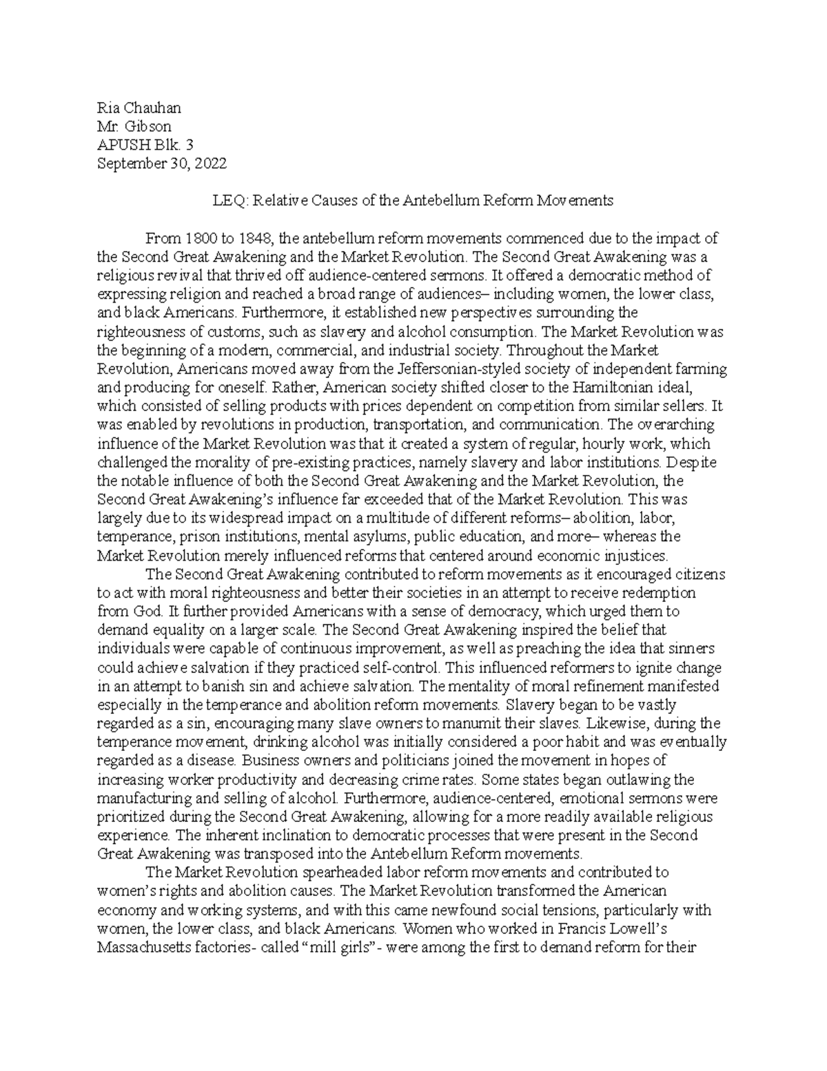 LEQ Relative Causes of the Antebellum Reform Movements - Ria Chauhan Mr ...