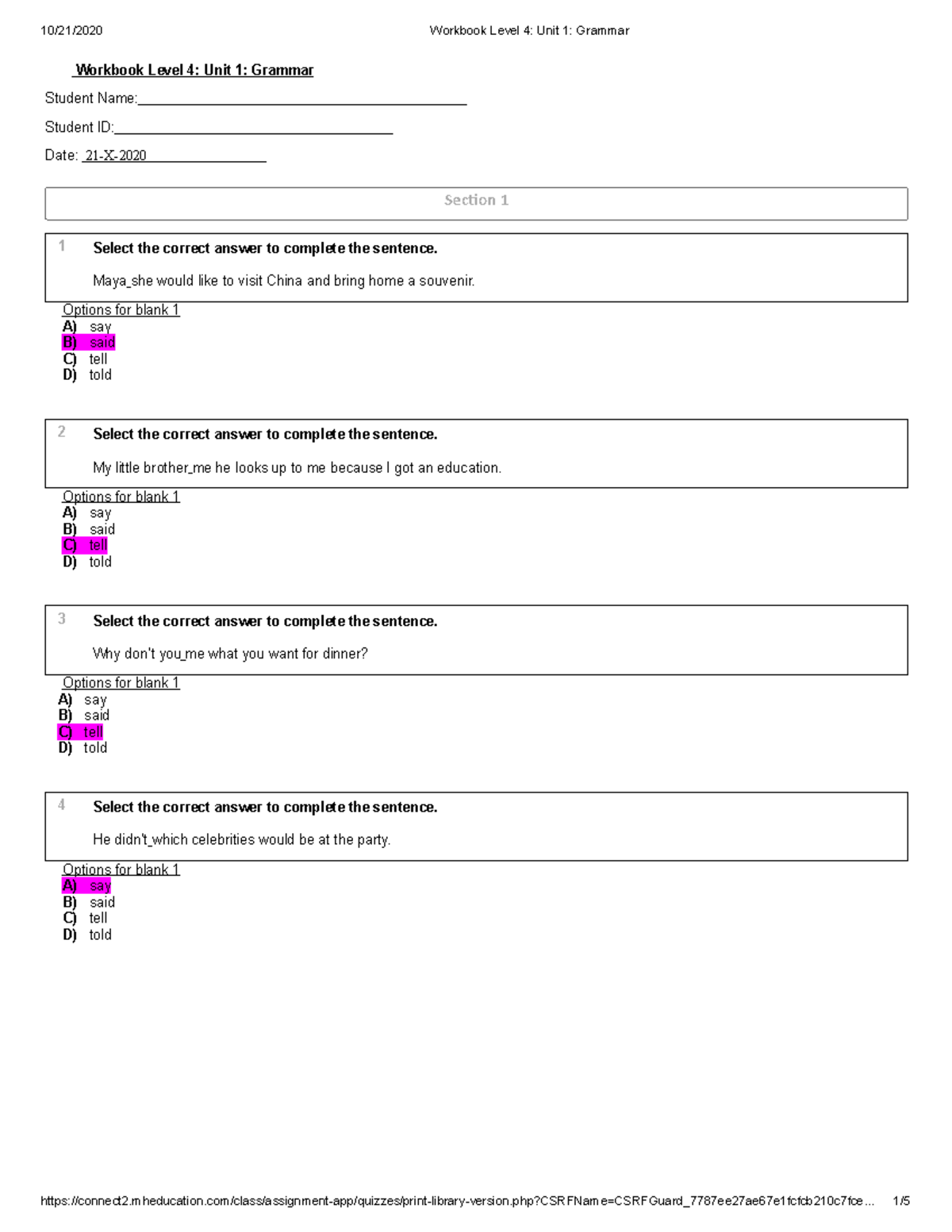 Workbook Level 4 Unit 1 Grammar TRABAJO EN CLASE participación - 10/21 ...