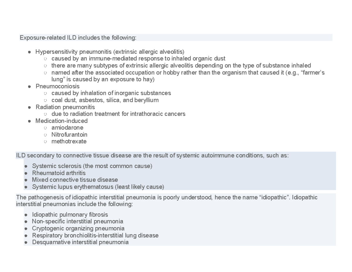 Week 3 notes - Exposure-related ILD includes the following ...