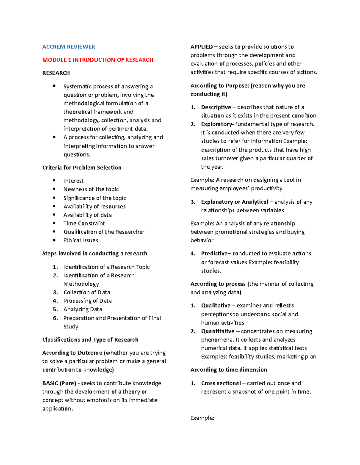 Research- Reviewer - ACCREM REVIEWER MODULE 1 INTRODUCTION OF RESEARCH ...