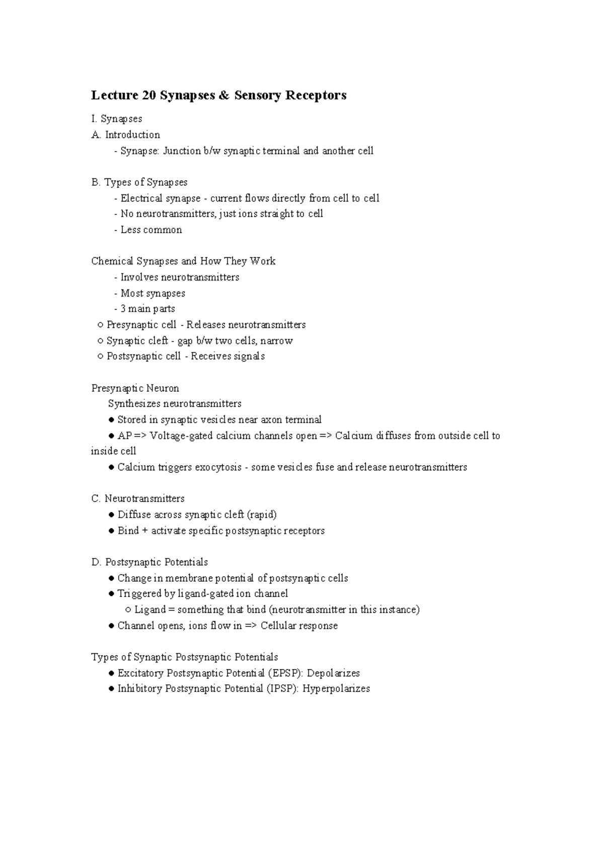 Lecture 20 Synapses - Lecture 20 Synapses & Sensory Receptors I. Synapses A. Introduction ...
