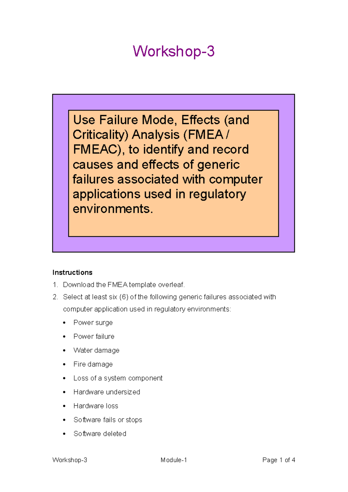 Workshop-3 - Failure modes, effects, and criticality analysis ( Fmeca) - Workshop- Instructions ...