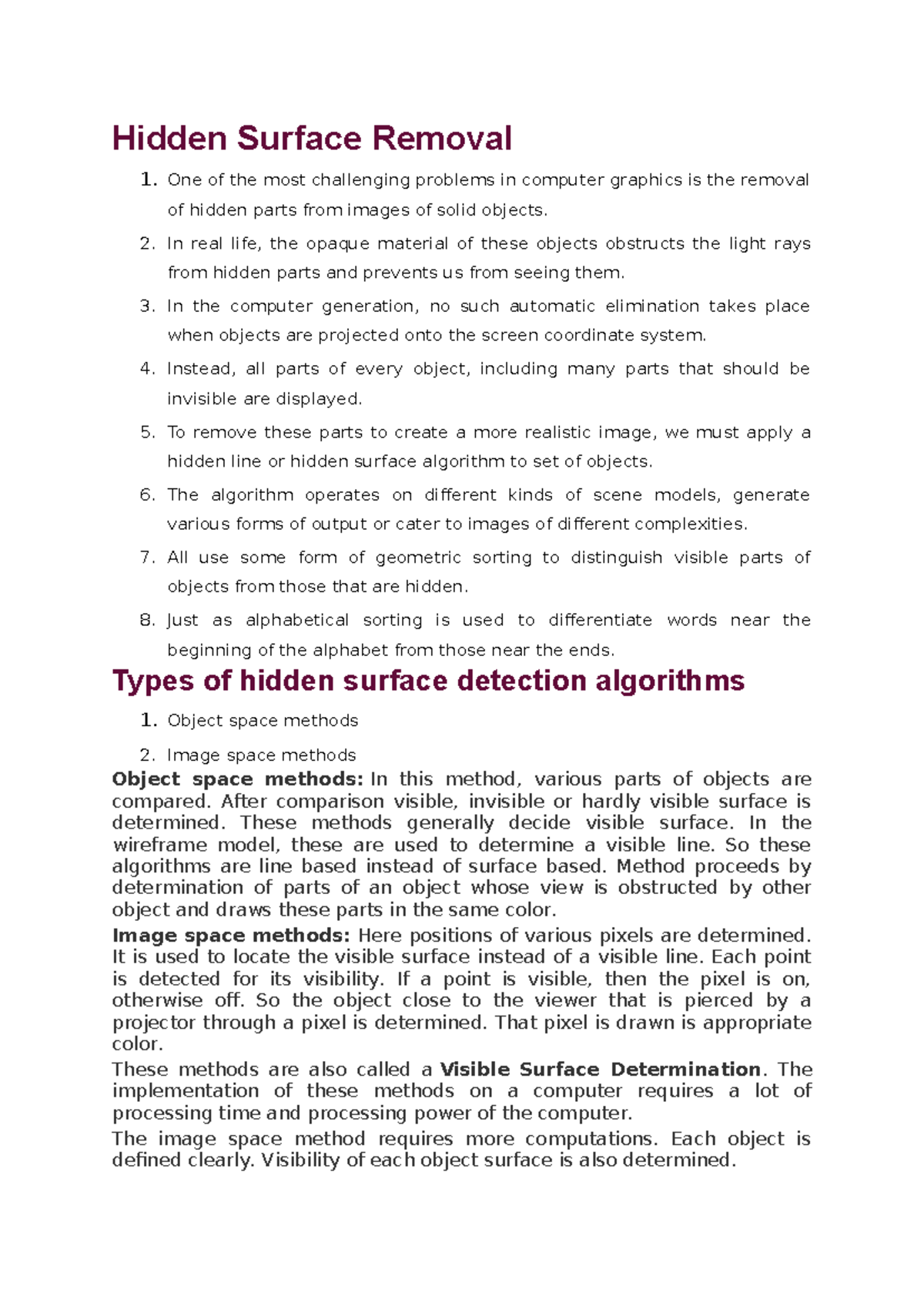 Visual surface detection - Hidden Surface Removal 1. One of the most ...