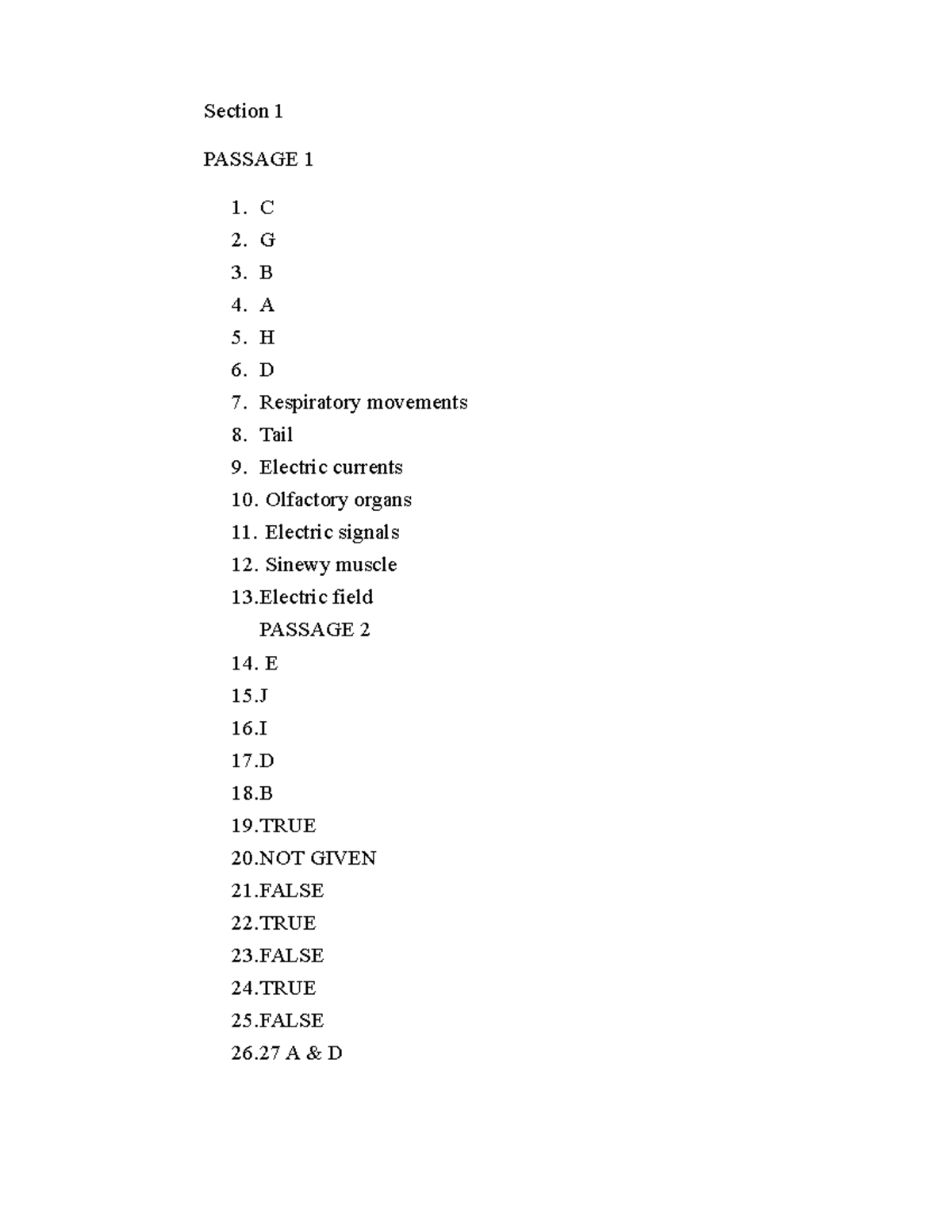 Section 1 - good - Section 1 PASSAGE 1 1. C 2. G 3. B 4. A 5. H 6. D 7 ...