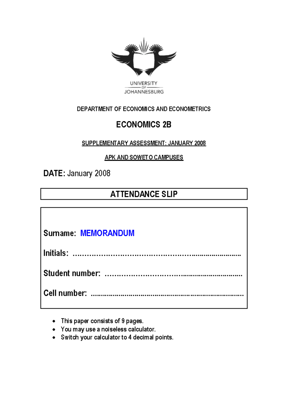 ECO 2B past exam and test papers - DEPARTMENT OF ECONOMICS AND ...
