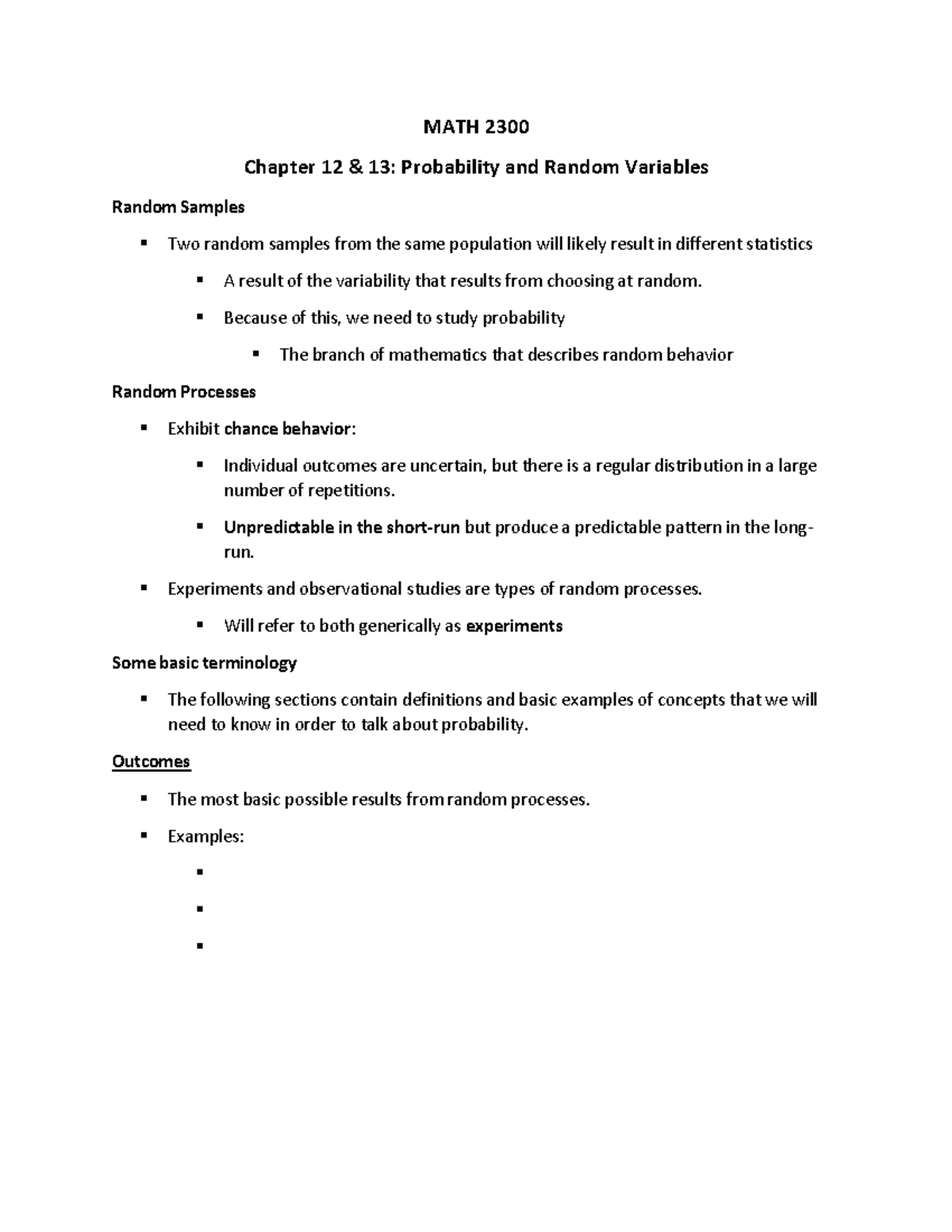 Chapter 12 and 13 - Blank Note - MATH 2300 Chapter 12 & 13: Probability and Random Variables ...