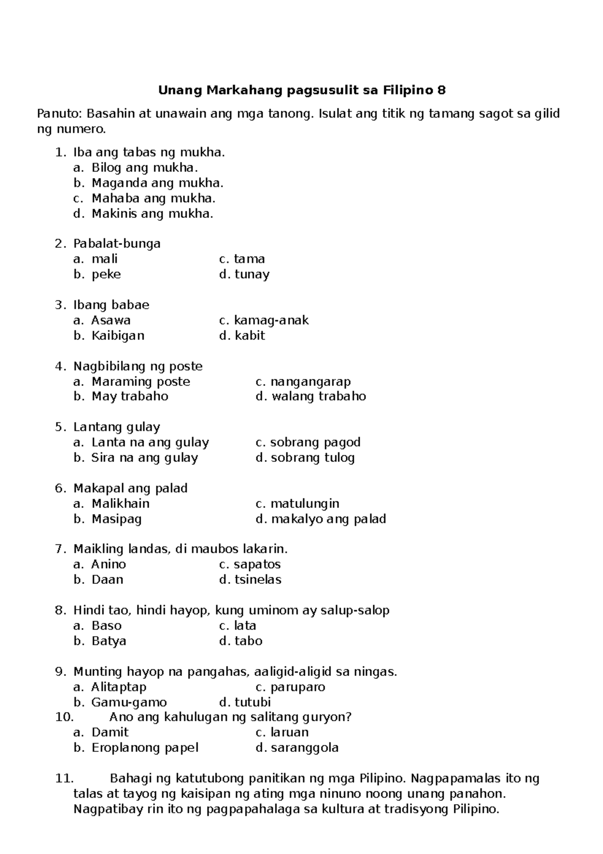 Unang Markahang pagsusulit sa Filipino 8 - Isulat ang titik ng tamang ...