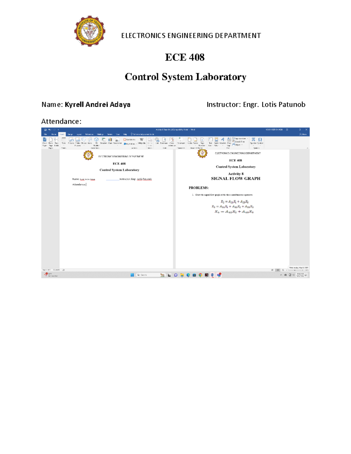 Adaya A8 P3 - Control Engineering Activity - Basic Electronics, lec - ELECTRONICS ENGINEERING ...
