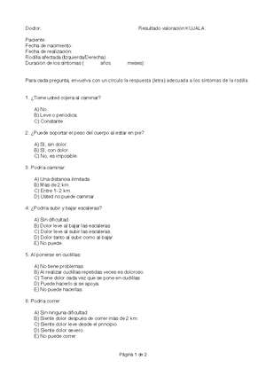 Test Koos - EVALUACIÓN DE RODILLA - CUESTIONARIO KOOS Doctor: Paciente ...