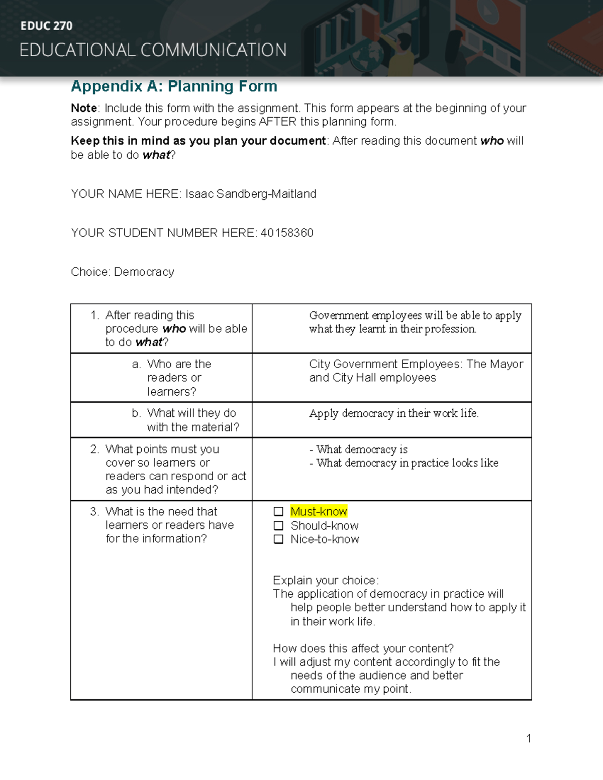 EDUC270 Lesson 4 Procedure AA - Appendix A: Planning Form Note: Include this form with the - Studocu