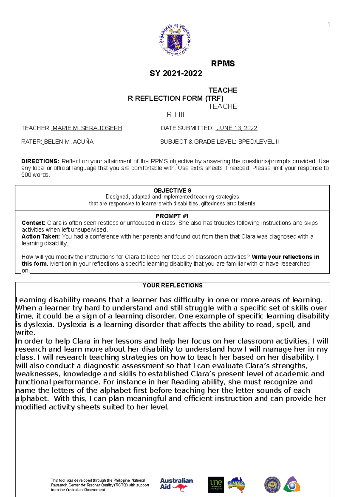 25872496 - TrF - 1 RPMS SY TEACHE R REFLECTION FORM (TRF) TEACHE R ...