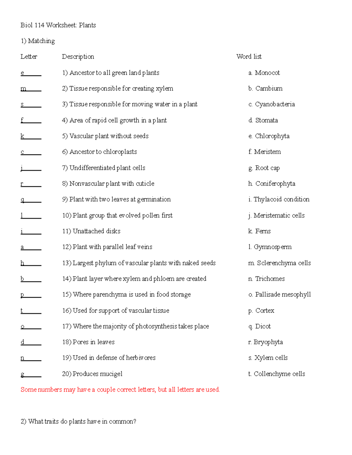 Worksheet: Plants - Biol 114 Worksheet: Plants Matching Letter ...