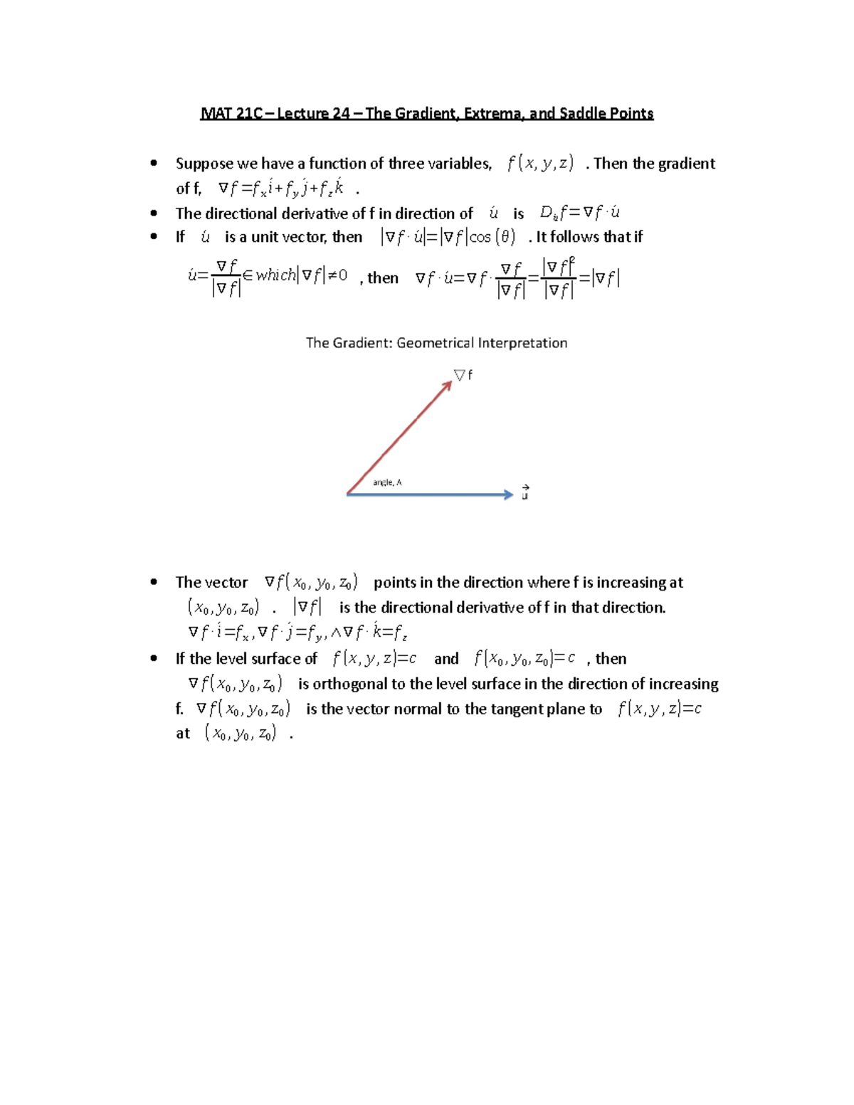 MAT 21C – Lecture 24 – The Gradient, Extrema, and Saddle Points - MAT 21C – Lecture 24 – The ...