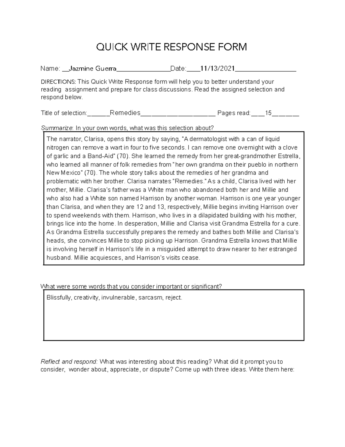 RR- Quick Response - There are classwork assignments, essays - QUICK ...