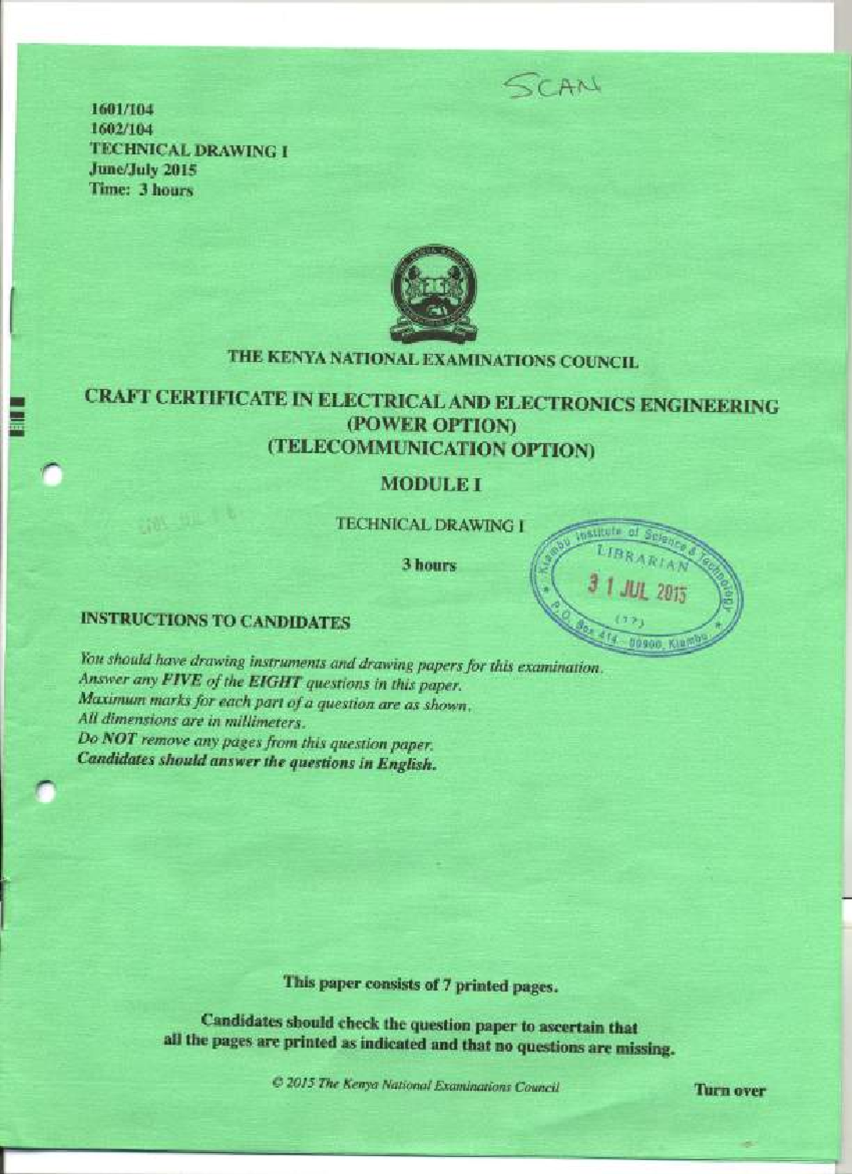 2015 july-3 - technical drawing Knec past paper - Certificate in ...