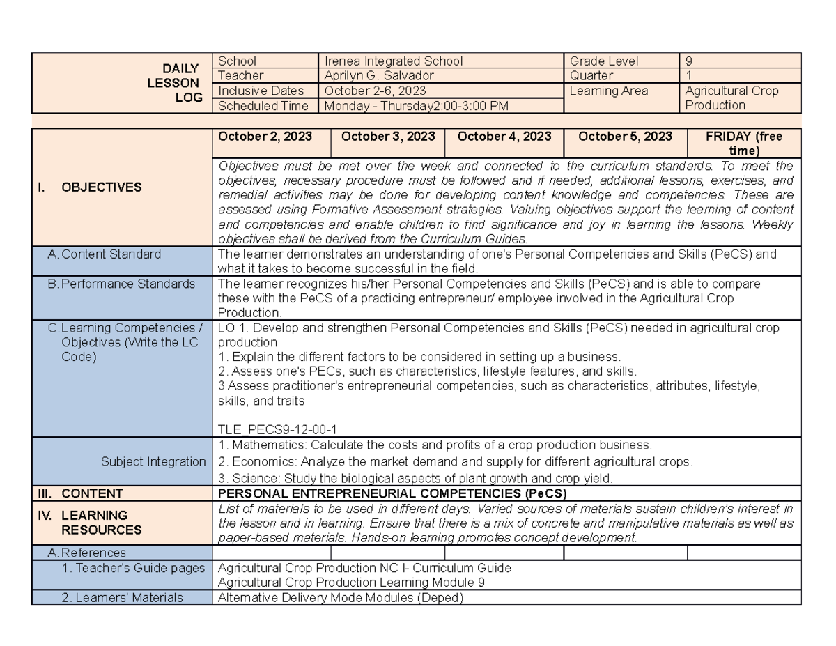 ACP9-Q1-DLL-Week 1 - add info - DAILY LESSON LOG School Irenea ...