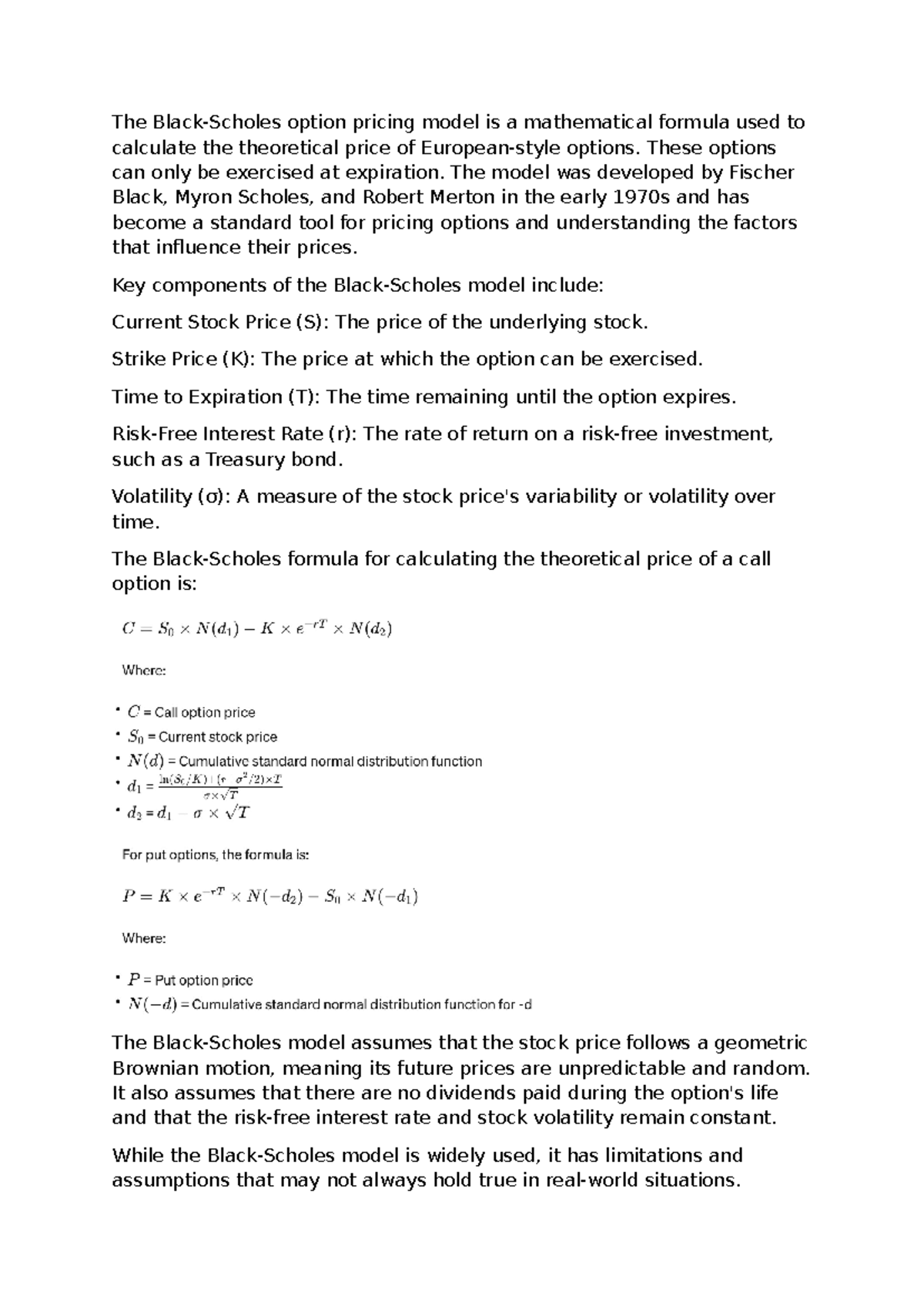 FIN Notes Black Scholes - The Black-Scholes option pricing model is a ...
