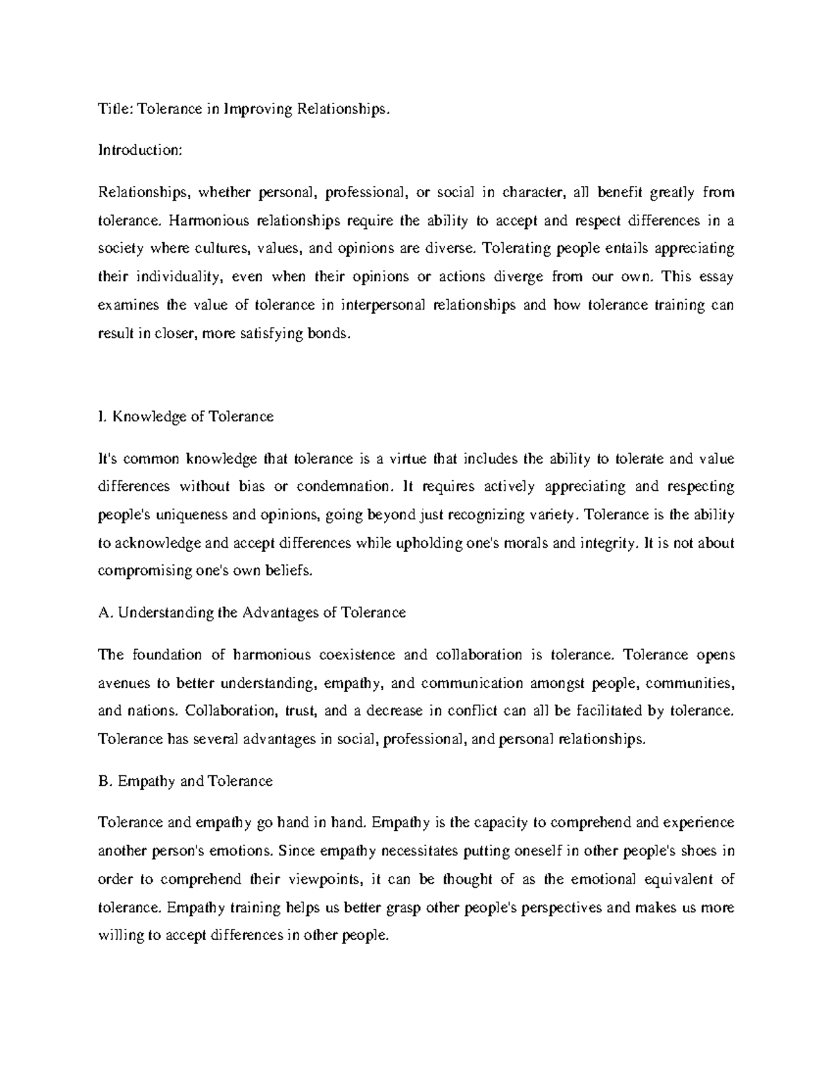 Essay - cddsa - Title: Tolerance in Improving Relationships ...