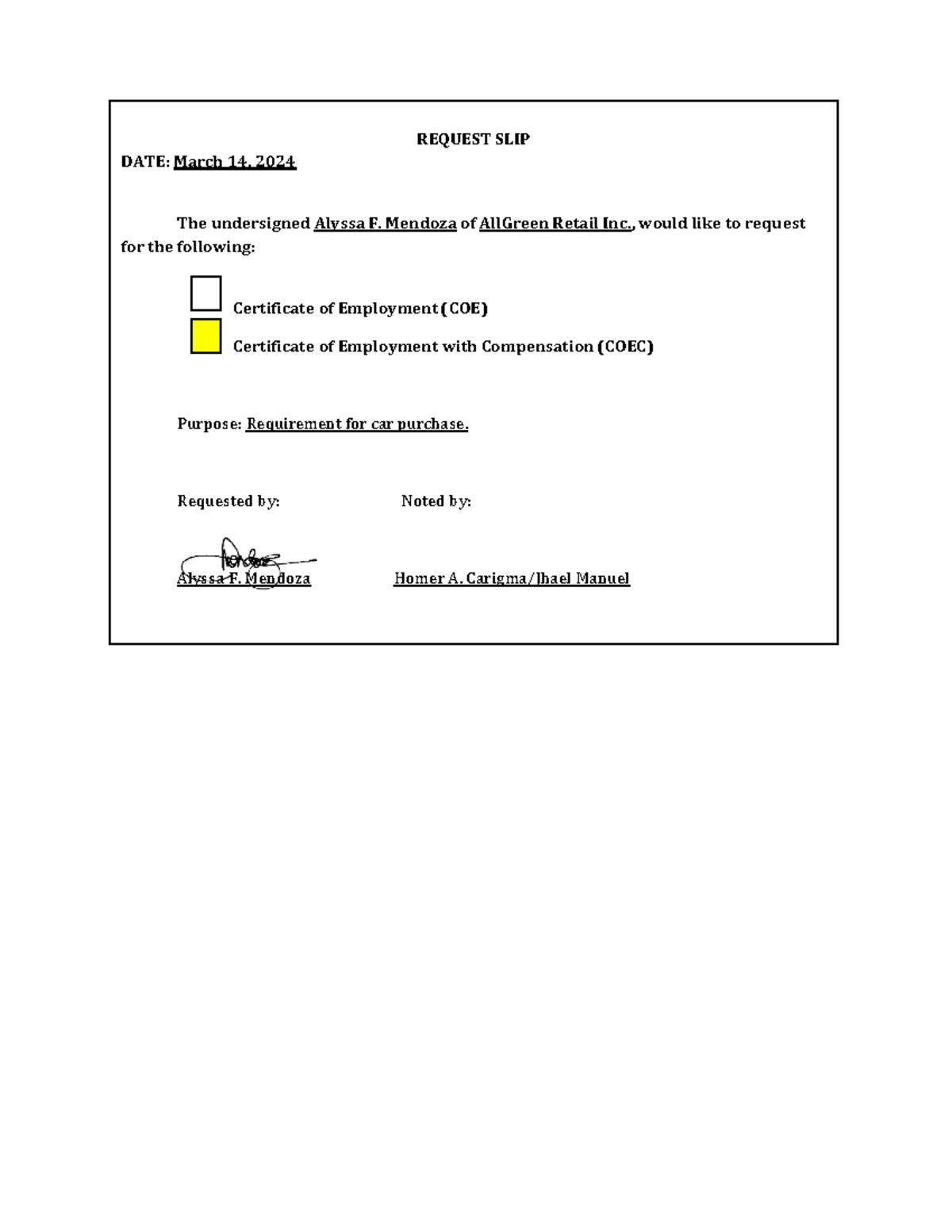 COE Request Slip Mendoza - Cost accounting - REQUEST SLIP DATE: March ...