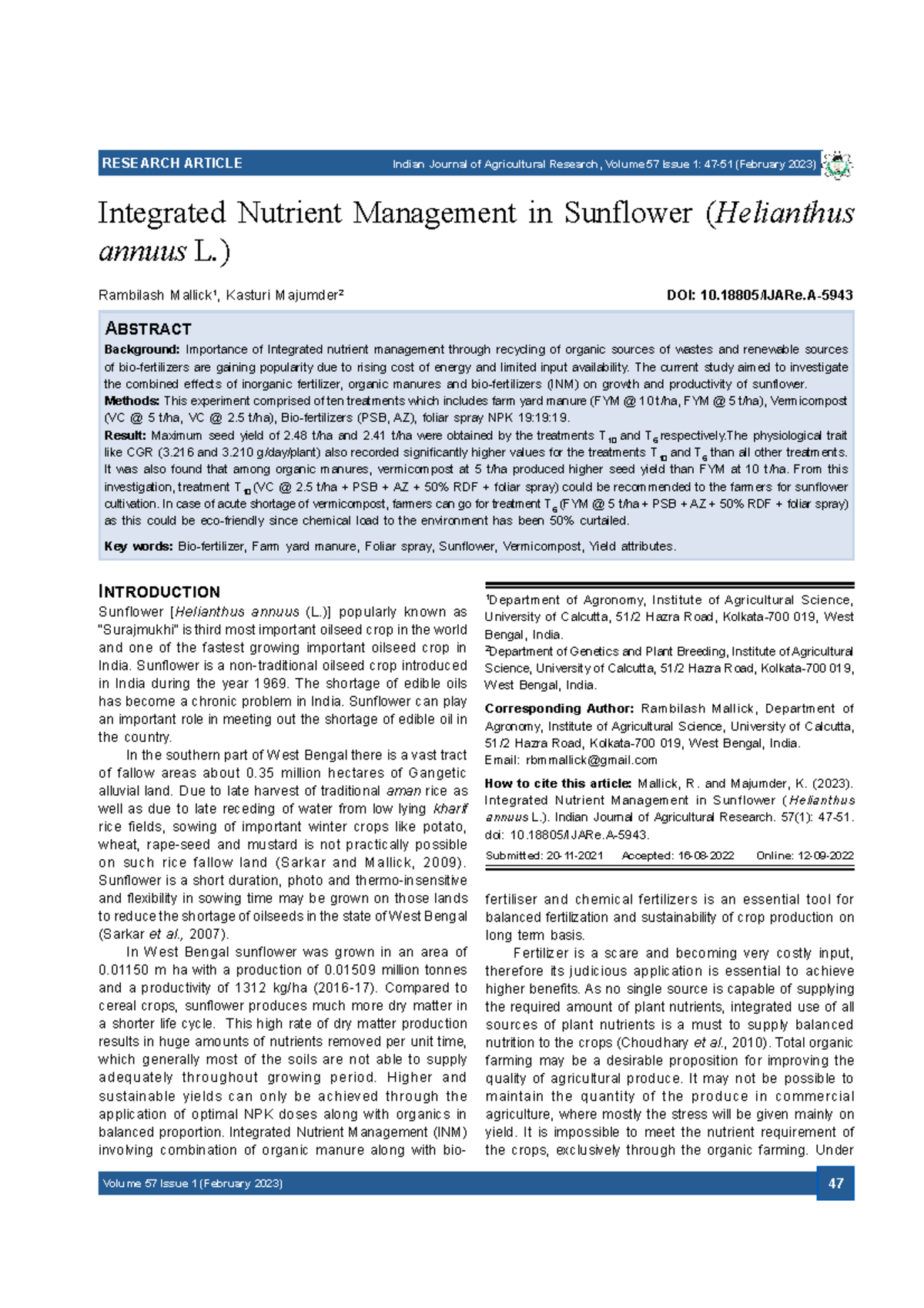 Integrated Nutrient Management in Sunflower - ) Rambilash Mallick 1 ...