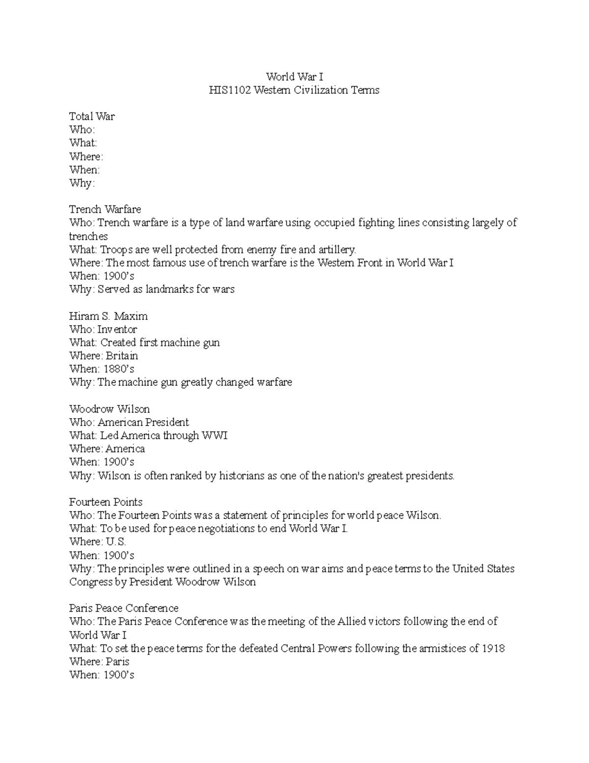 World War I - World War I HIS1102 Western Civilization Terms Total War ...