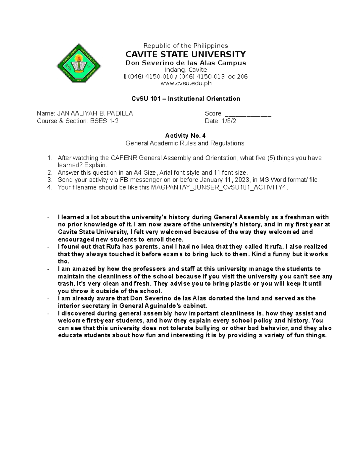 Cv SU 101 Activity 4 General Academic Rules and Regulations - Republic ...