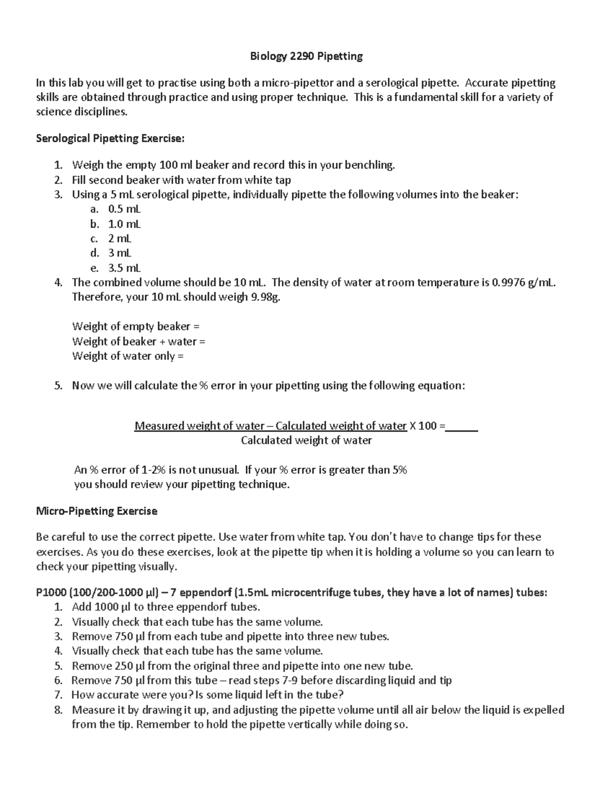 Pipetting exercise protocol - Biology 2290 Pipetting In this lab you will get to practise using ...