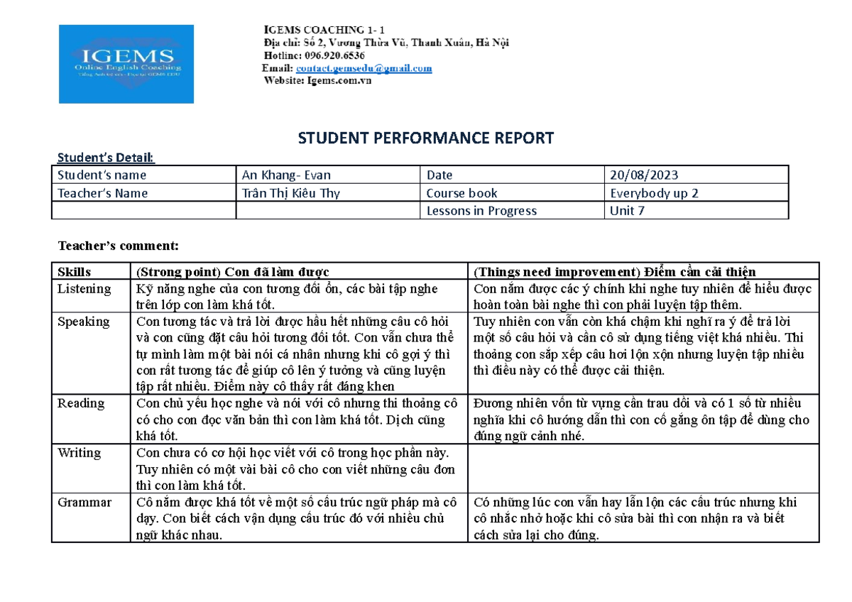 Student Performance Report - STUDENT PERFORMANCE REPORT Student’s ...