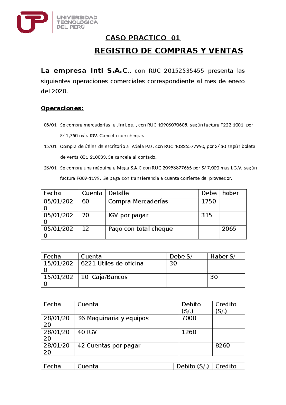 S02 S1 CASO Practico - Libro Diario - CASO PRACTICO 01 REGISTRO DE COMPRAS Y VENTAS La empresa ...