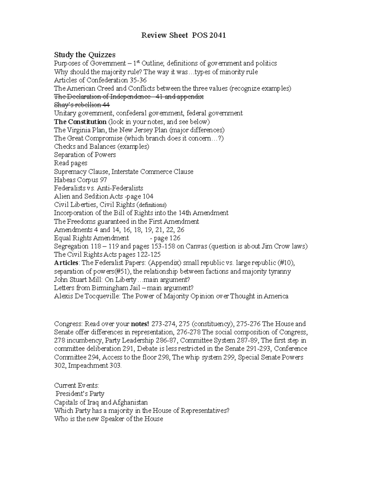 Midterm review (new) - Review Sheet POS 2041 Study the Quizzes Purposes ...