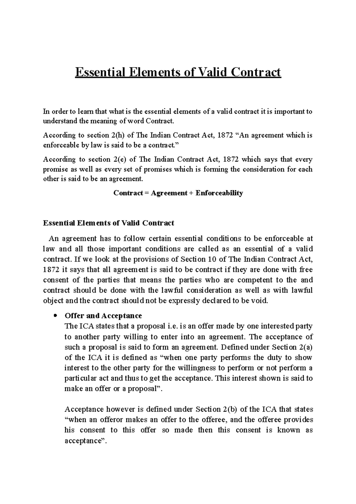 Essential Elements of Valid Contract - According to section 2(h) of The ...