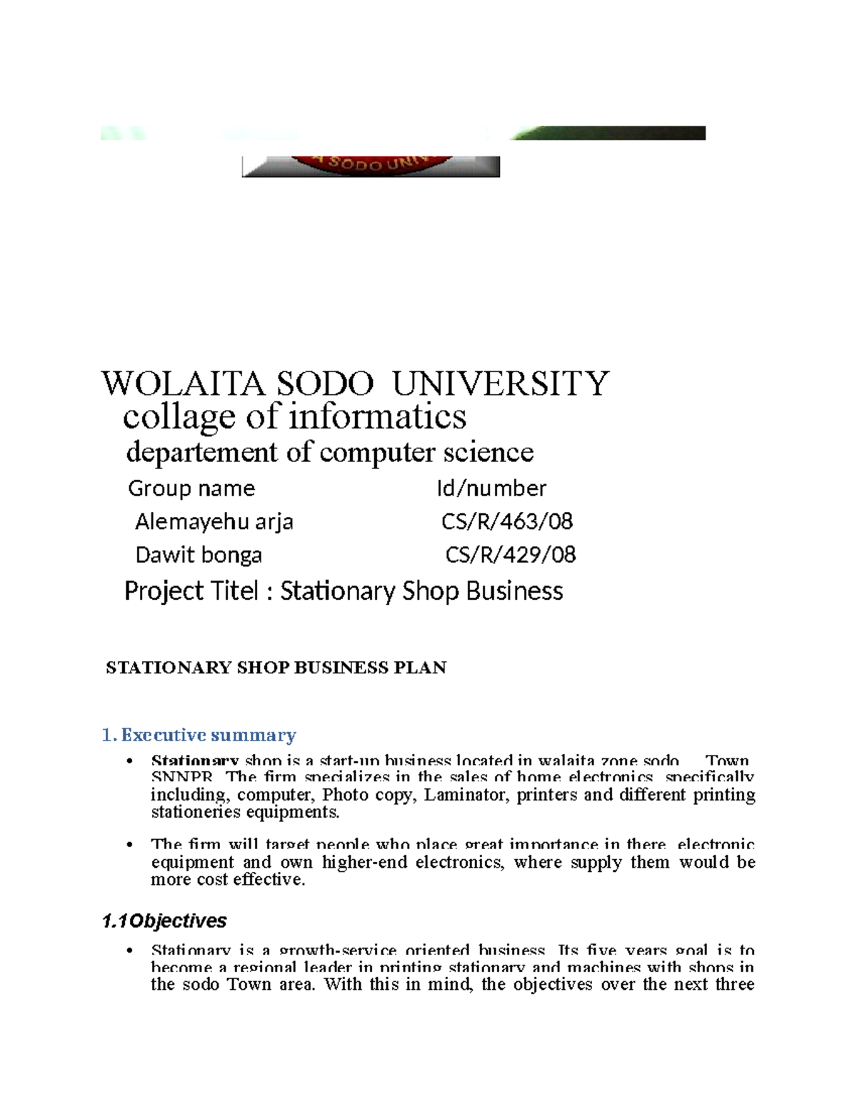 Dawit bonga business plan - WOLAITA SODO UNIVERSITY collage of ...