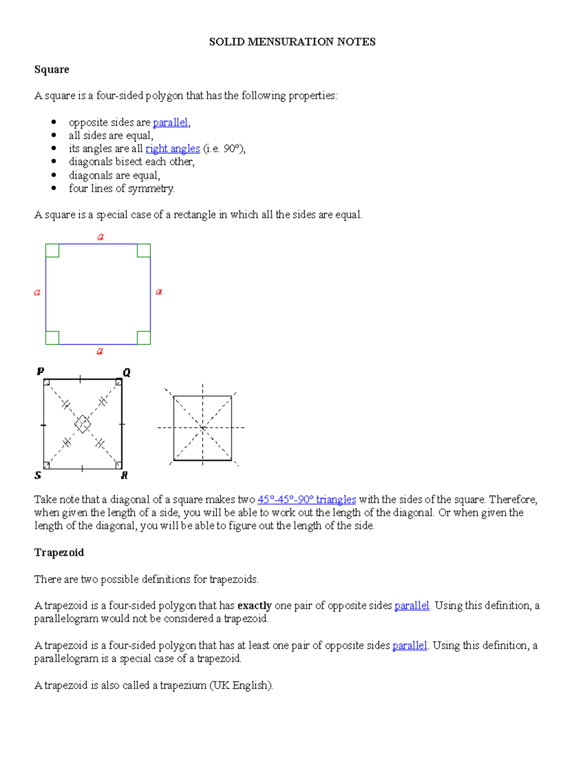Solid Mensuration Notes PART 3 - SOLID MENSURATION NOTES Square A ...